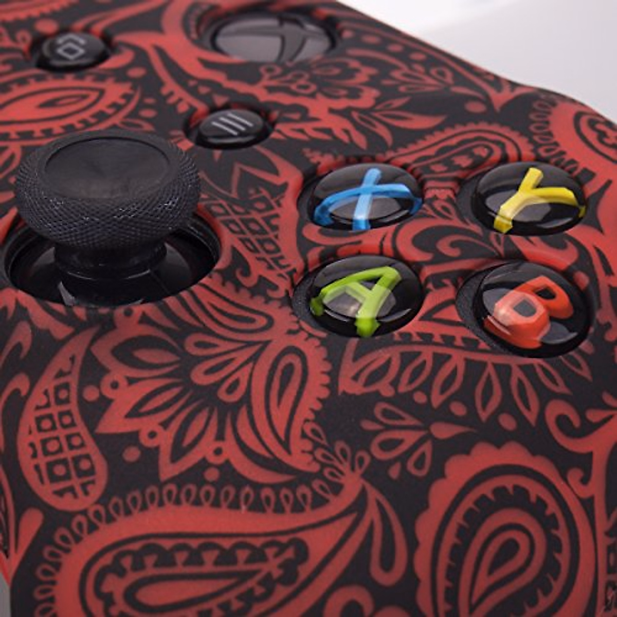 YoRHa Printing Rubber Silicone Cover Skin Case for Xbox One S/X Controller x 1(Flowers red) with PRO Thumb Grips x 8