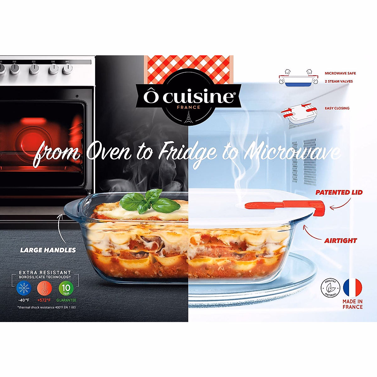 Ôcuisine 334S116 rectangular tempered borosilicate glass food containers with patented microwave safe, oven cooking (without lid), storage & reheating, Set of 3, BPA Free, Made in France