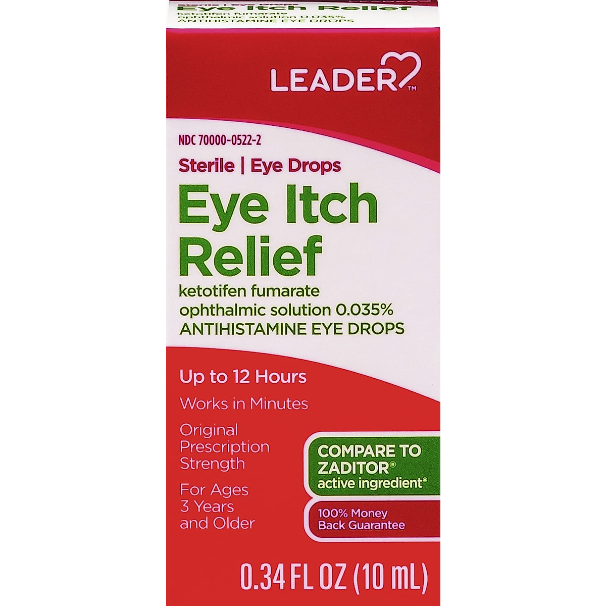 LEADER Sterile Eye Drops for Eye Allergy & Itch Relief, Ketotifen Antihistamine Solution 0.035%, Works in Minutes, up to 12 Hours, Prescription Strength 0.34 oz
