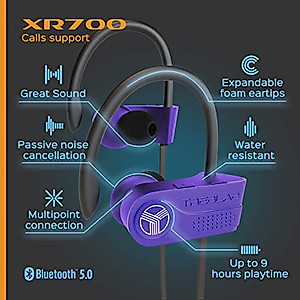 TREBLAB XR700 Wireless Sports Earbuds - Custom Adjustable Earhooks, PRO Running Bluetooth 5.0 Headphones for Athletes. IPX7 Waterproof, Sweatproof, in-Ear Headset, Noise Cancelling Earphones (Purple)