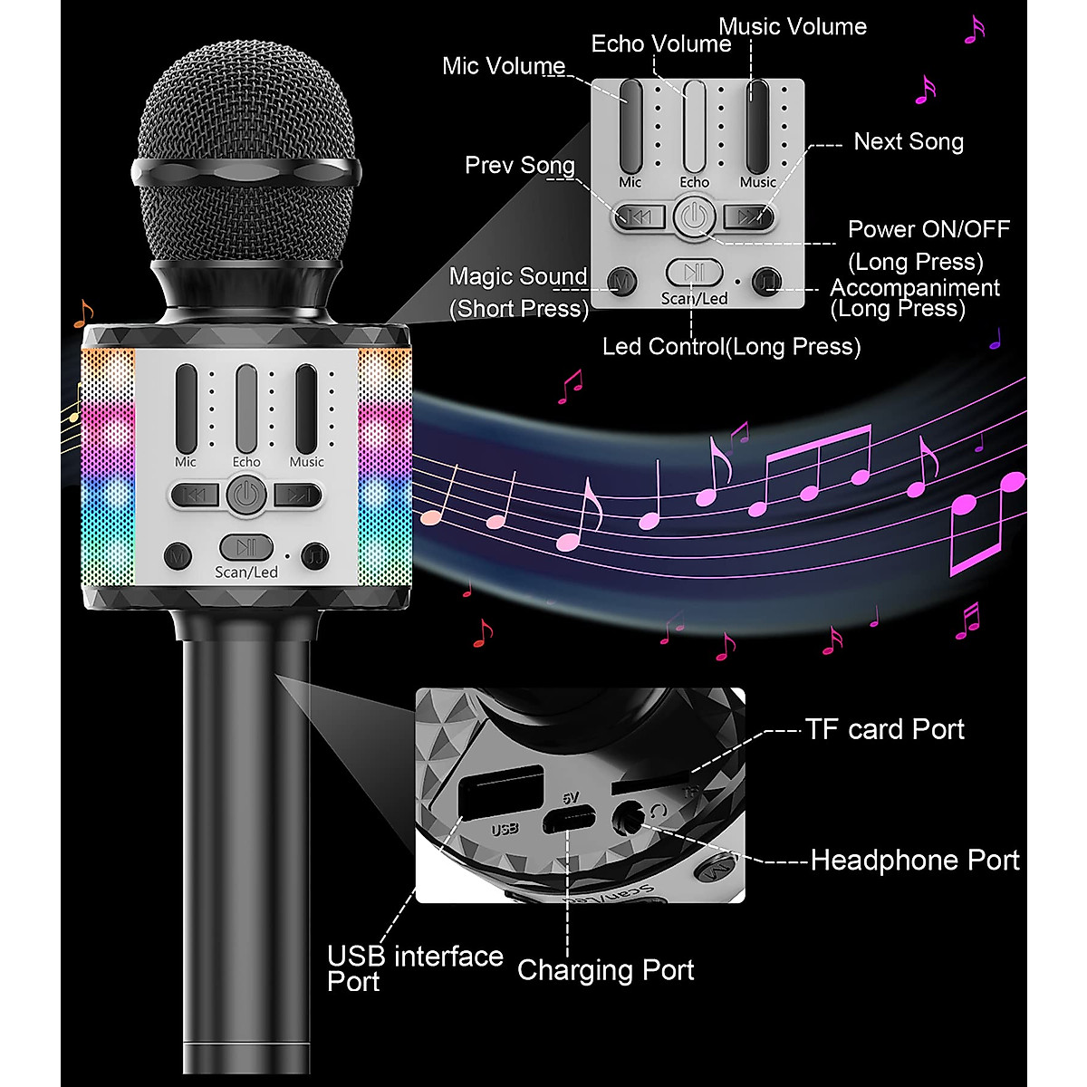 Karaoke Microphone for Kids Adults, Wireless 4 in 1 Handheld Bluetooth Microphone with LED Lights, Portable Smartphone Speaker Boys Girls Singing Toys for Home KTV Outdoor Christmas Birthday Party