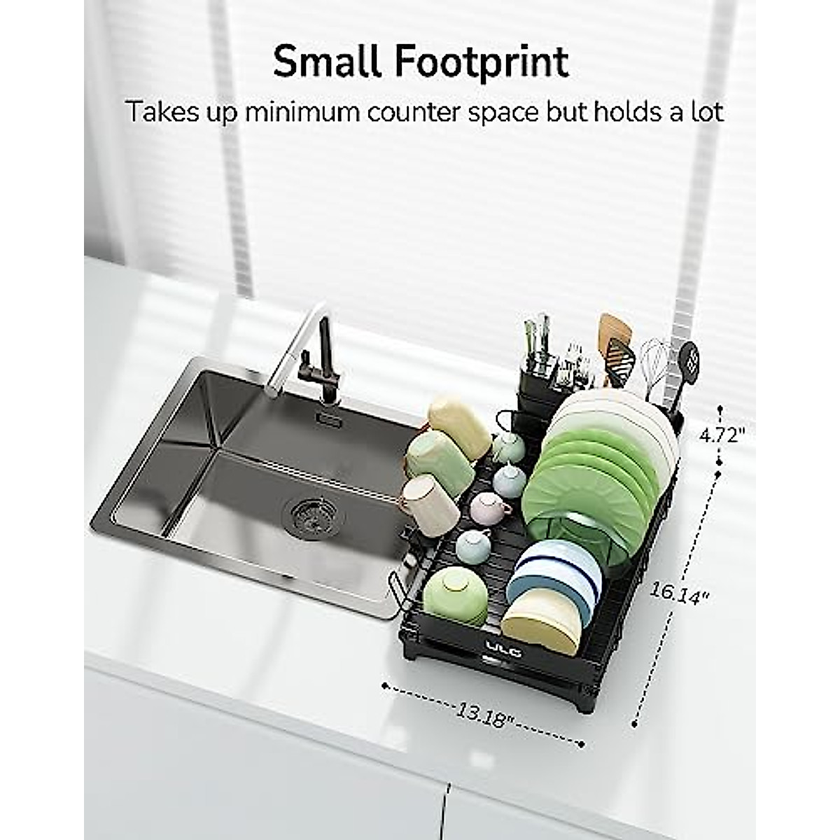 ULG Dish Drying Rack with Drainboard, Countertop Dish Rack, Rustproof Dish Drainer for Kitchen Counter, Draining Rack with Detachable Utensil Holder, Adjustable Swivel Spout Dish Strainers, Black
