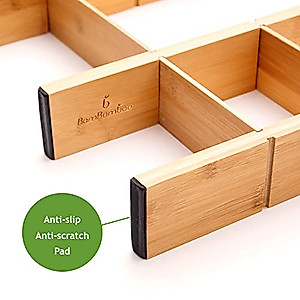 BamBamBoo Adjustable 17-22in Bamboo Dividers Organizers with 9 Inserts, Expandable Spring Loaded Drawer Dividers for Kitchen, Dresser, Bedroom, Bathroom, Office, and Garage (4 Pack)