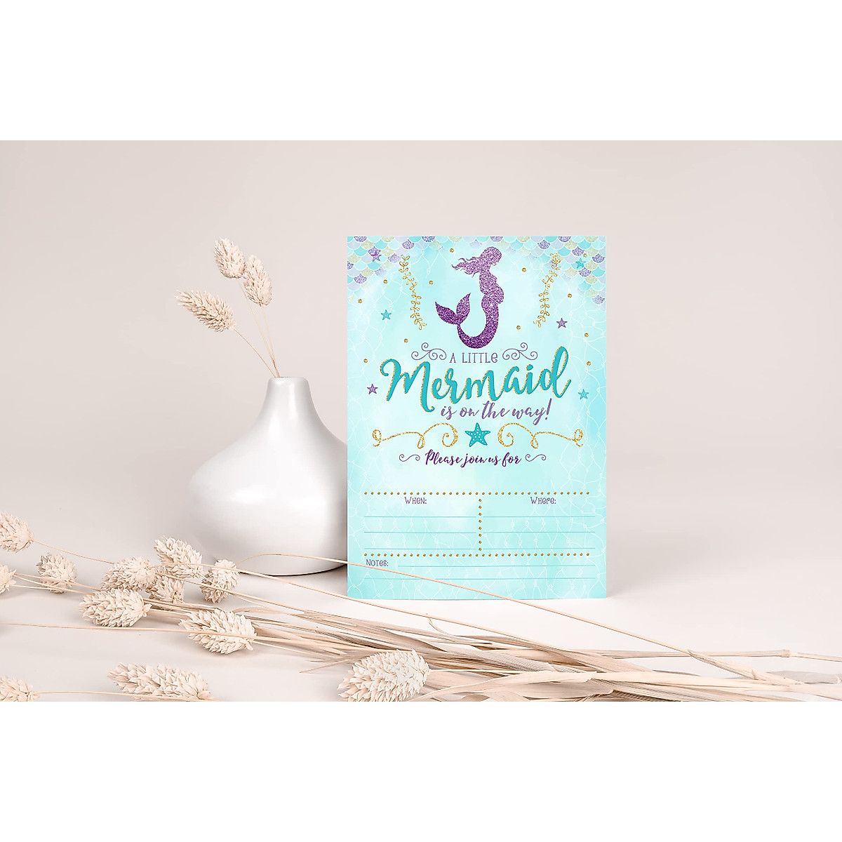 Your Main Event Prints Mermaid Baby Shower Invitation, Blue and Gold Mermaid Baby Shower, Baby Sprinkle Invite, 20 Fill in Invitations and Envelopes