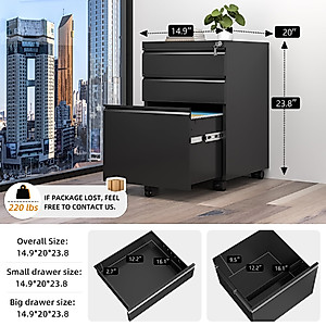 Pataku 3 Drawer Mobile File Cabinet with Lock, Under Desk Metal Filing Cabinet for Legal/Letter/A4 File, Fully Assembled Rolling File Cabinet Except Wheels, Black