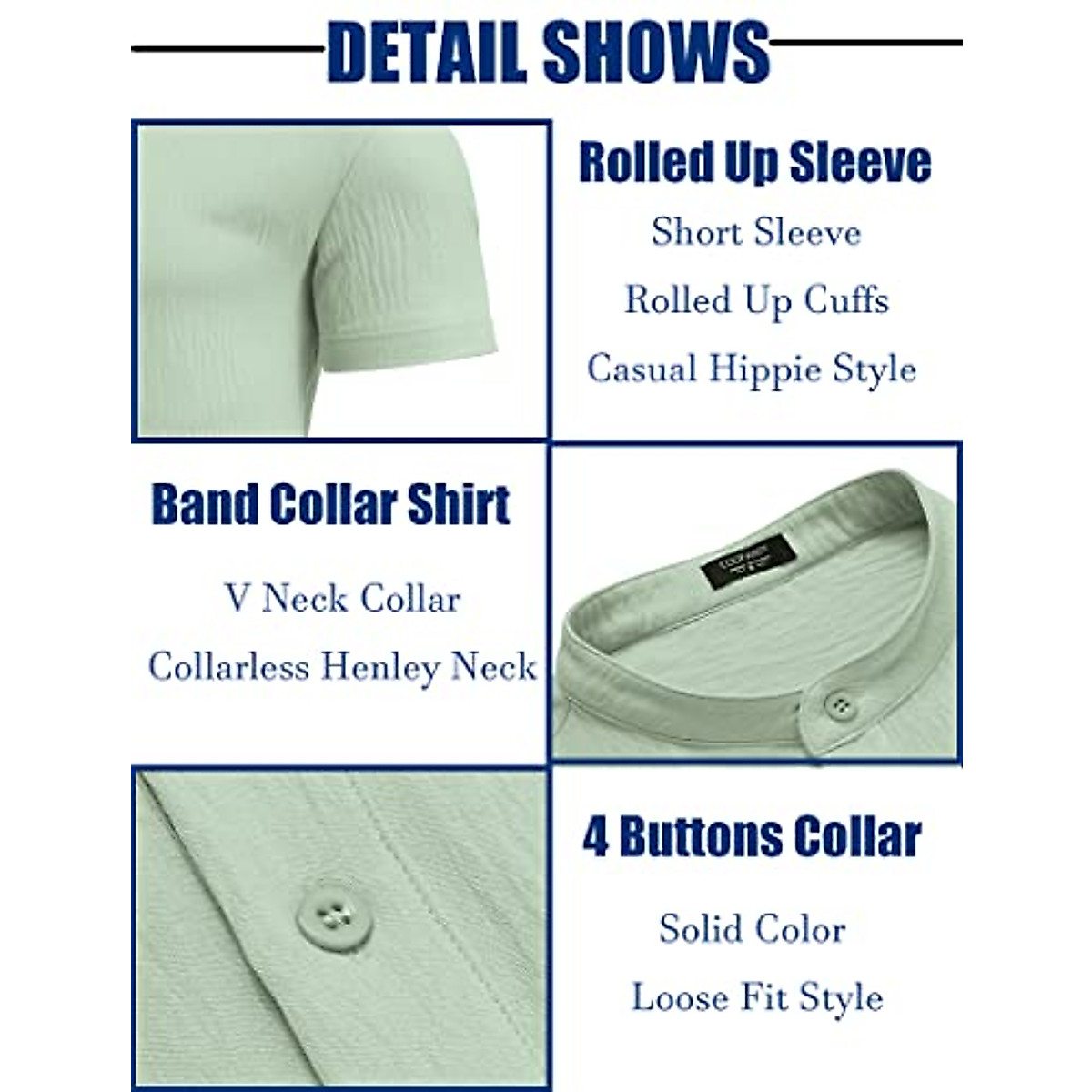 COOFANDY Men's Casual Henley Shirt Band Collar Short Sleeve Shirt Beach Shirt Light Green