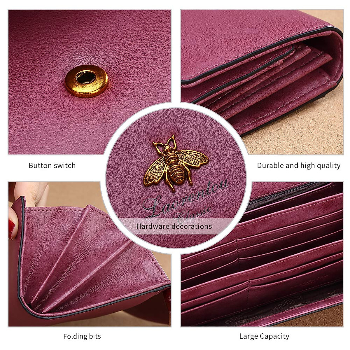 LAORENTOU Clearance Bifold Wallet Women Leather Clutch Purses Checkbook Card Wallets for Women Lady Wallet Zip Around Wallet