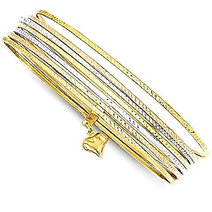 IceCarats 14K Dangling Heart Love Tri Color Gold Set of 7 Slip On Bangle Bracelet