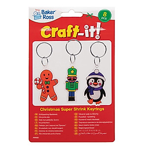 Baker Ross AW959 Christmas Super Shrink Keyring Kits - Pack of 8, Festive Arts and Crafts, White