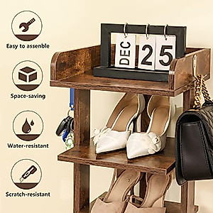 usikey 6 Tiers Vertical Shoe Rack, Entryway Wooden Shoe Rack with Bottom Drawer & Extra Top Storage, Tall Shoe Rack Organizer with 2 Hooks, Space Saving Shoe Tower for Small Space, Rustic Brown