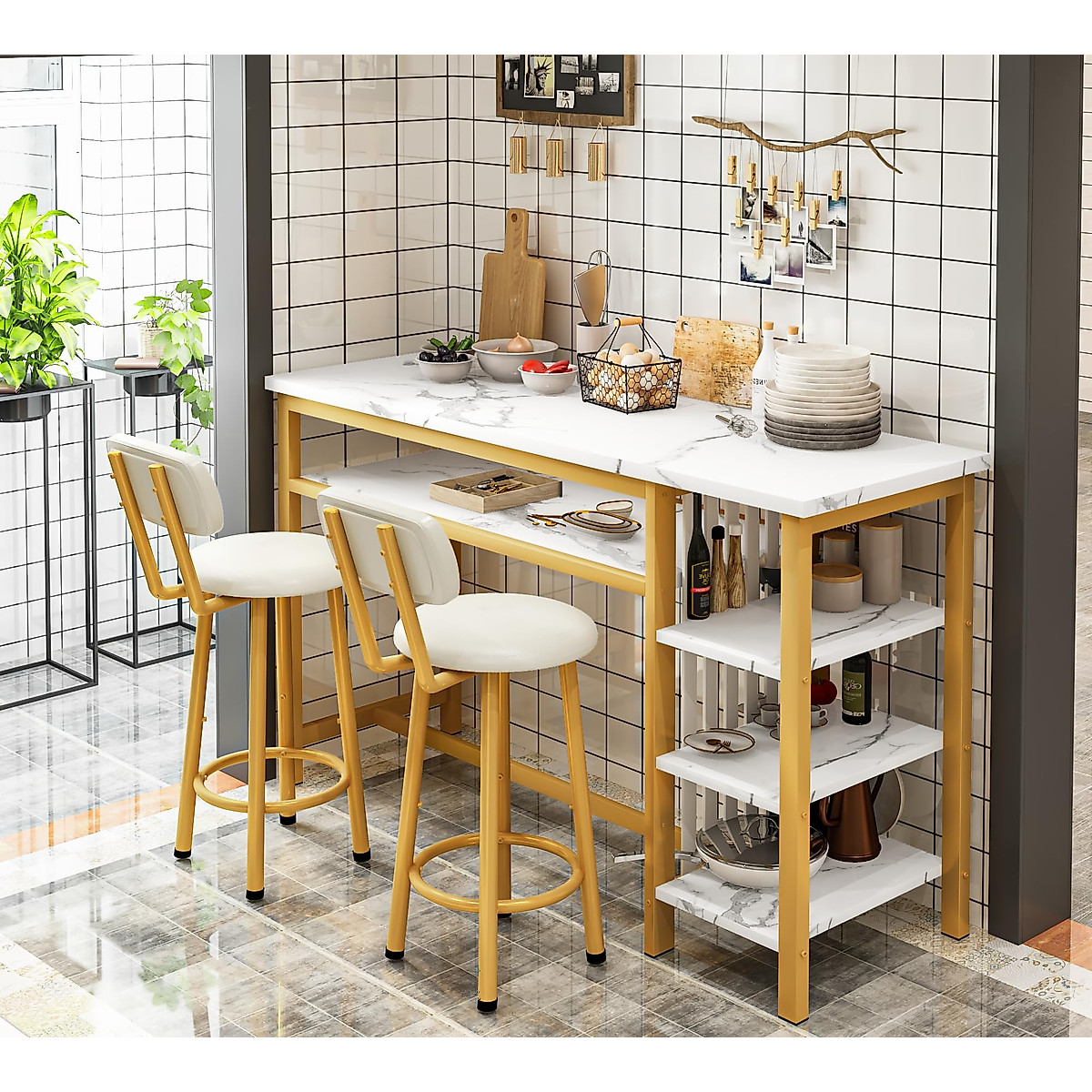 AWQM Bar Table Set of 2 with Storage Shelves, 47" White Faux Marble Dining Set with 2 Upholstered Counter Height Backrest Chairs, 3-Piece Dining Set for 2, Space Saving Table for Home & Kitchen