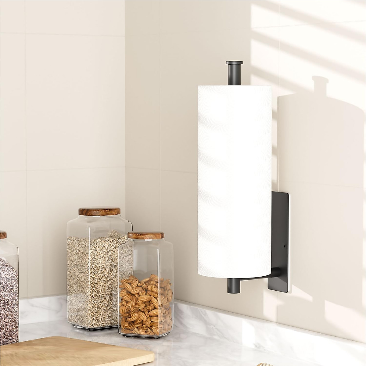 Paper Towel Holder Under Cabinet - 1 Pack Matte Black, Self-Adhesive or Drilling Mount, Sturdy Stainless Steel Space-Saving Rack for Kitchen, Bathroom, RV, Rental-Friendly Design