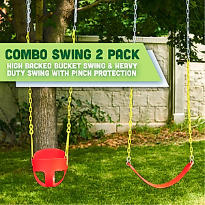 Combo - Deluxe High Back Full Bucket Swing (Triangle and Chain Dip) and Heavy-Duty Swing Seat with Carabiners - Red - Squirrel Products