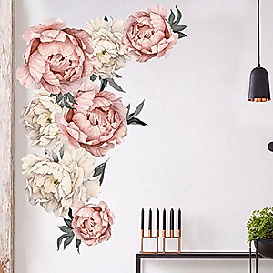 Flowers Wall Decals Floral Wall Stickers Peel and Stick Pink Peonies Wall Murals Rose Flower Wall Decor for Bedroom Girls Room Living Room Nursery