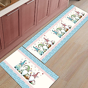 Z&L Home Happy Easter Lovely Gnomes Kitchen Rug Sets 2 Piece Floor Mat Non-Slip Rubber Backing Area Runners Door Mats, Cute Bunny Eggs Buffalo Plaid Indoor Washable Carpet, 15.7x23.6inch+15.7x47.2inch