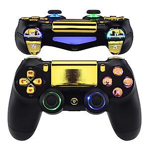 eXtremeRate 7 Colors 9 Modes Button Control DTFS (DTF 2.0) LED Kit, Chrome Gold Classical Symbols Multi-Colors Luminated D-pad Thumbsticks Face Buttons for PS4 Controller - Controller NOT Included