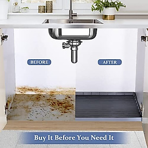 TACHLAND Under Sink Mat 34 x 22 Waterproof Under Kitchen Sink Mat Cabinet Mat with Drain Hole Under Sink Tray for Bathroom, Fits 36" Cabinet, Dark Grey