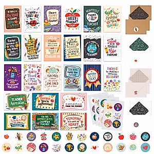 Decorably 24 Pack Teachers Appreciation Cards with Envelopes & Stickers - 24 Unique Designs with Printed Message Inside Teacher Thank You Cards for Teachers, 4x6in Teacher Appreciation Card
