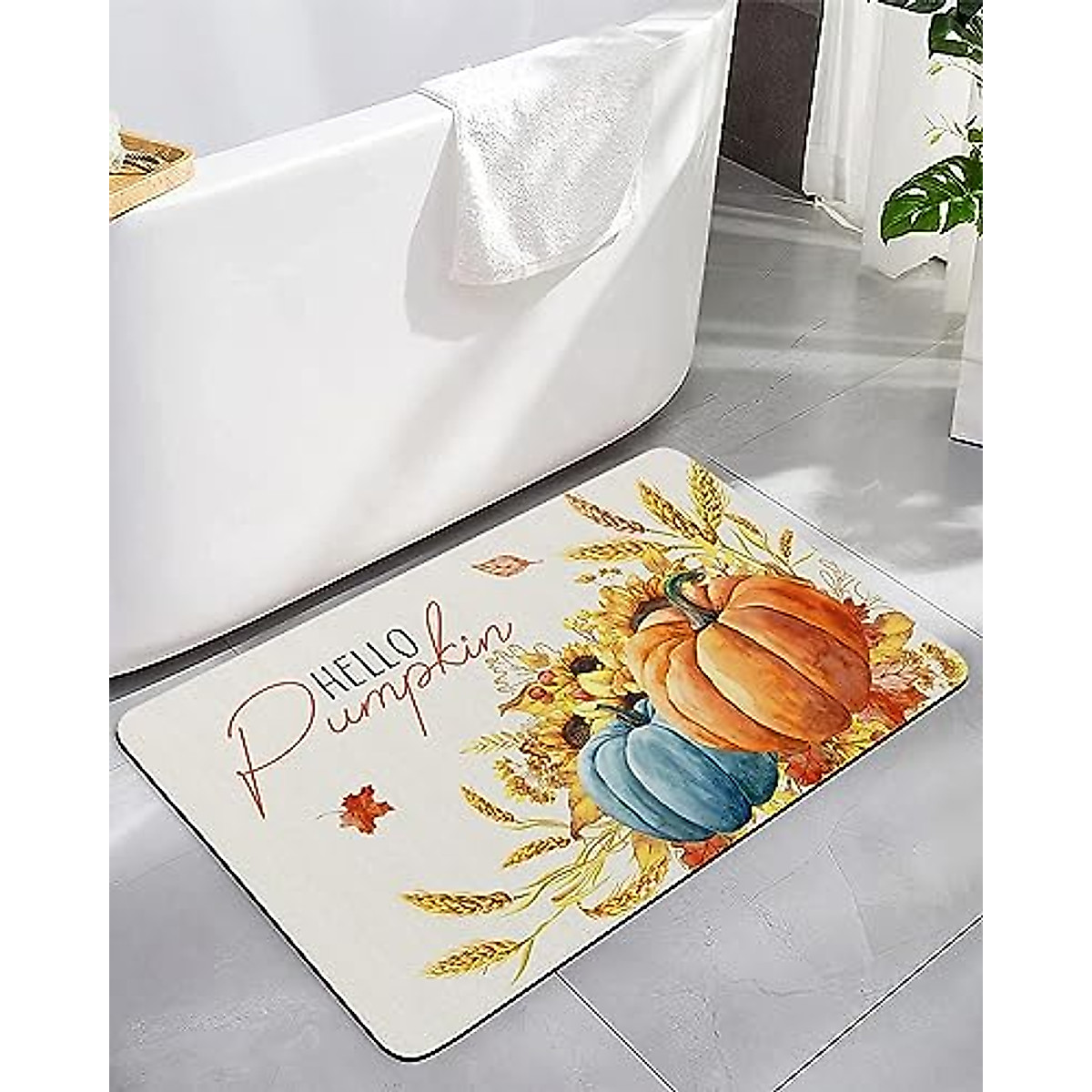 Bathroom Floor Shower Mat, Non-Slip Small Rugs - Easy to Clean, Fall Thanksgiving Pumpkins Sunflowers Wheat Maple Leaves Durable Bath Rug 16"x24" Washable Quick Dry Mats for Bathtubs
