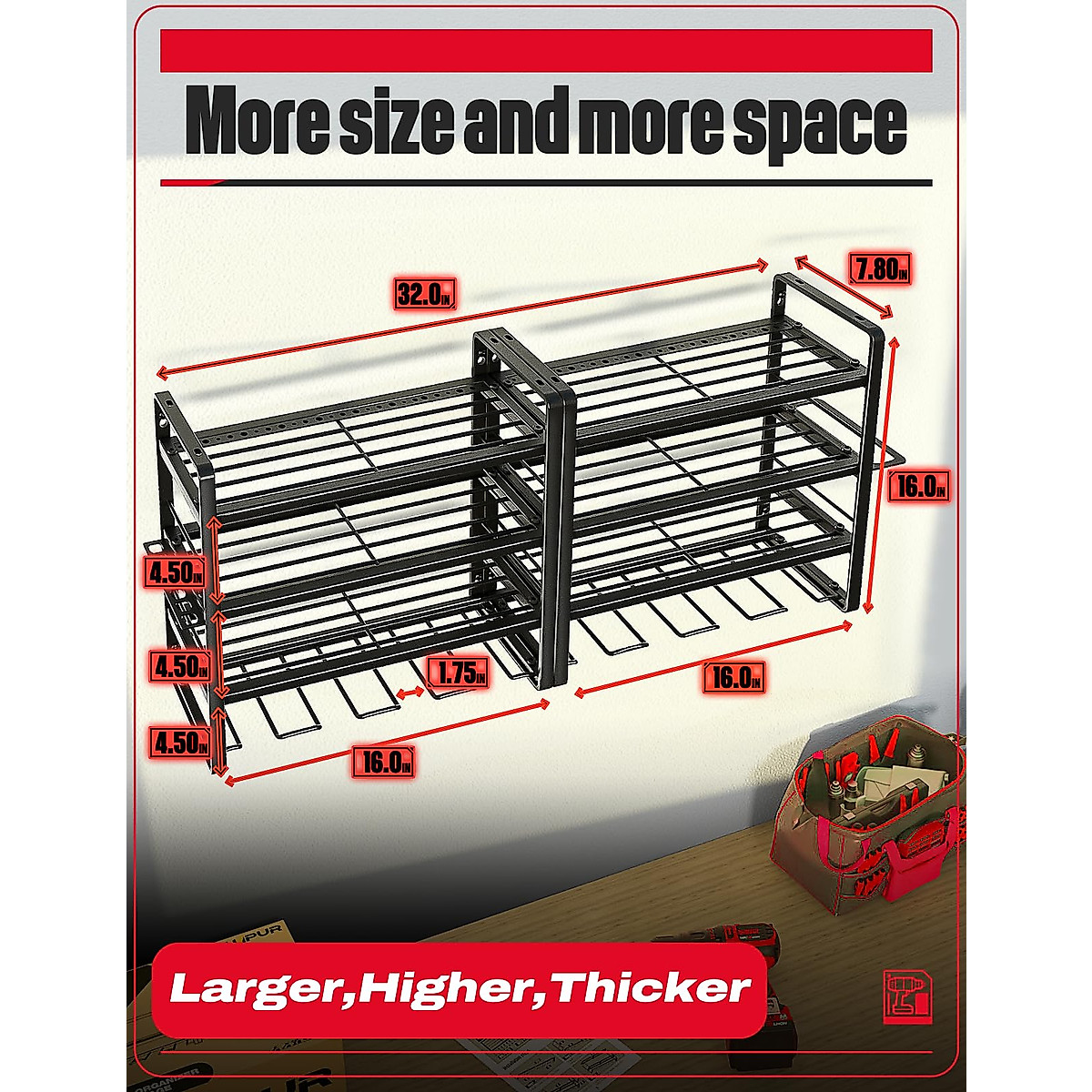 Amoowis Power Tool Organizer Wall Mount, 4 Layers Power Tool Storage Rack, Drill Holder Storage, Cordless Tool Organizer, Garage Organization and Storage, Floating Tool Shelf for Pegboard