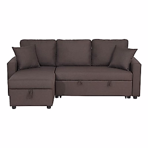 BOWERY HILL Sleeper Sectional Sofa Couch with Storage and Throw Pillows, Small Pull Out Sofa Bed for Living Room, L Shape Reversible Convertible Sofa Set for Apartment in Dark Brown