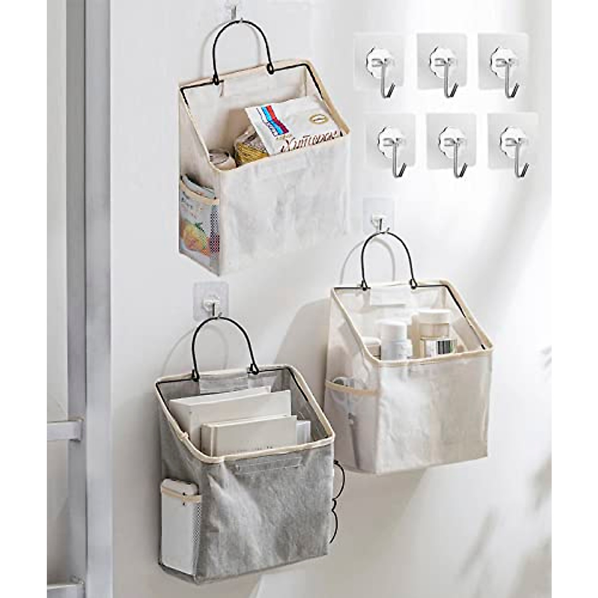 Wall Hanging Storage Bag (3 Pieces), Waterproof Hanging Bag Storage Wall Cotton & Linen Cloth Art Storage Bag, Student Dormitory Hanging Basket Bed Books Hanging Storage Bag for Store Clothes, Books