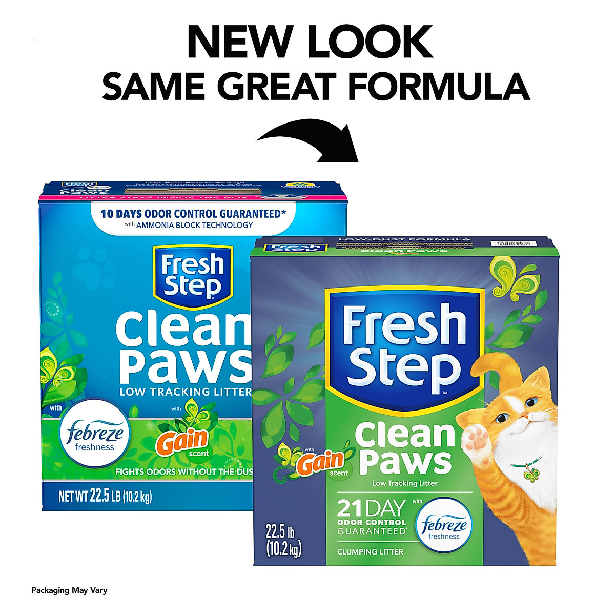 Fresh Step Clean Paws Cat Litter With Febreze Freshness With Febreze Gain Scent, Low-Tracking Clumping Litter With Guaranteed Odor Control, 22.5 lb. Box
