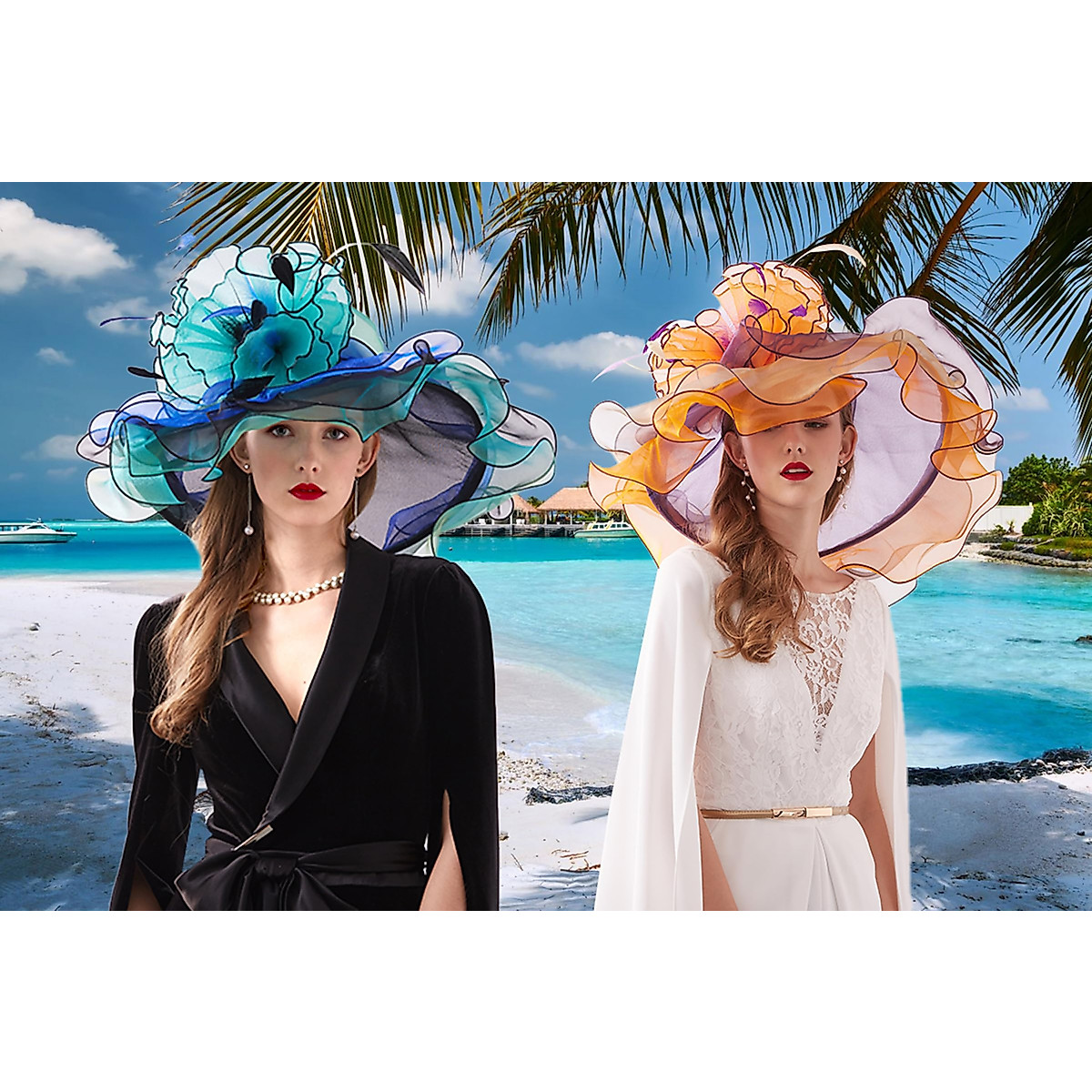 TLMNU Women Derby Church Hat Organza Flower Wedding Tea Party Fascinator Hat Wide Brim Sun Hat 01Green,Blue