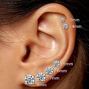 18K Gold Plated Sterling Silver Cubic Zirconia Stud Earrings for Women Men, Simulated Diamond CZ Studs Hypoallergenic Jewelry (8mm, 18K White Gold Plated Sterling Silver - Silver)