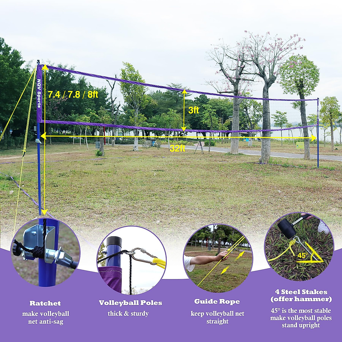 NQV Professional Portable Outdoor Purple Volleyball Net Set with Adjustable 3 Levels Height Steel Poles, Anti-sag System,Volleyball,Pump,Boundary Line and Carrying Bag for Backyard