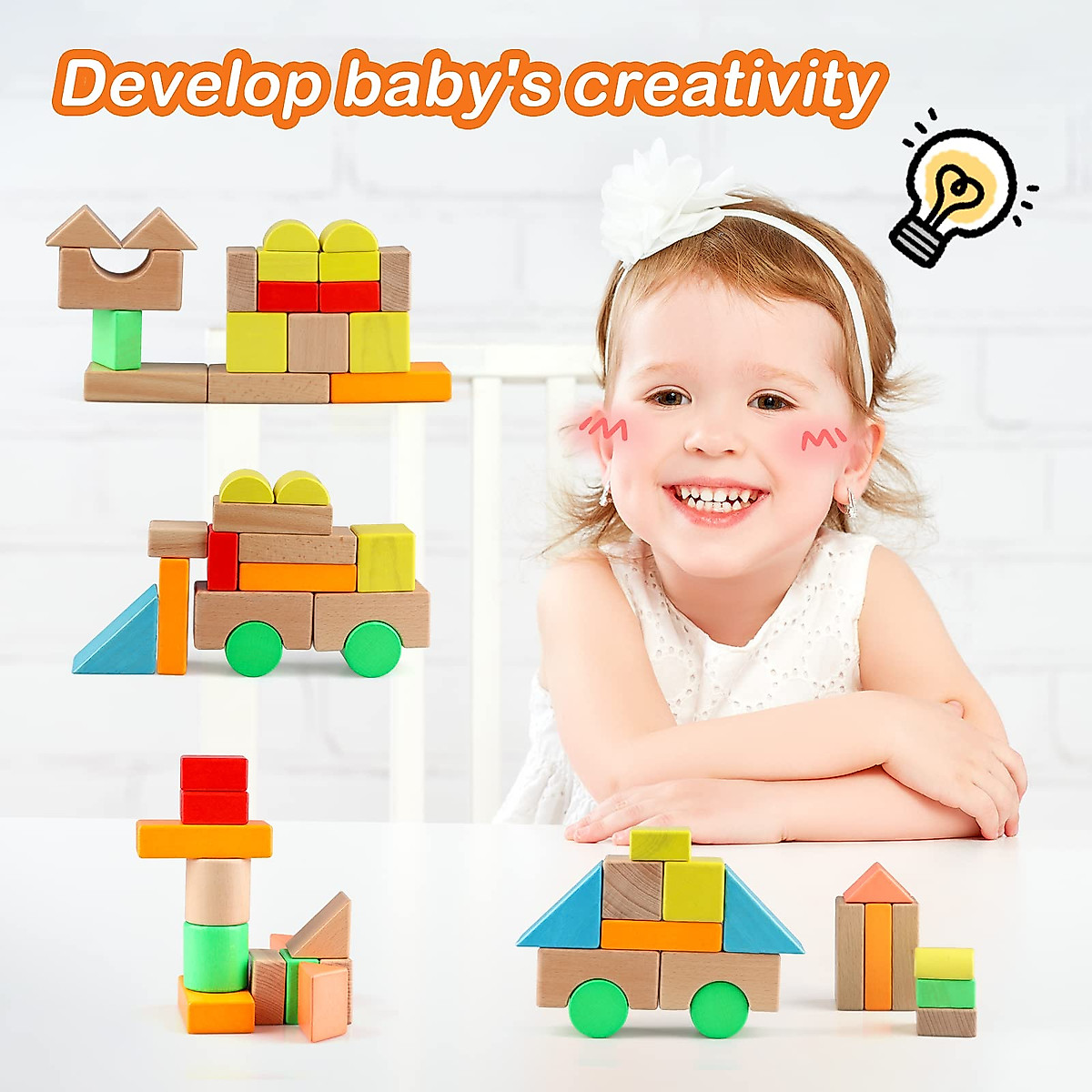 FOPNETS Large Wooden Blocks Construction Building Toys Set Educational Preschool Learning Toys with Carrying Bag Stacking 32 Pieces Toddler Blocks Toys for 3+ Year Old Boy and Girl Gifts