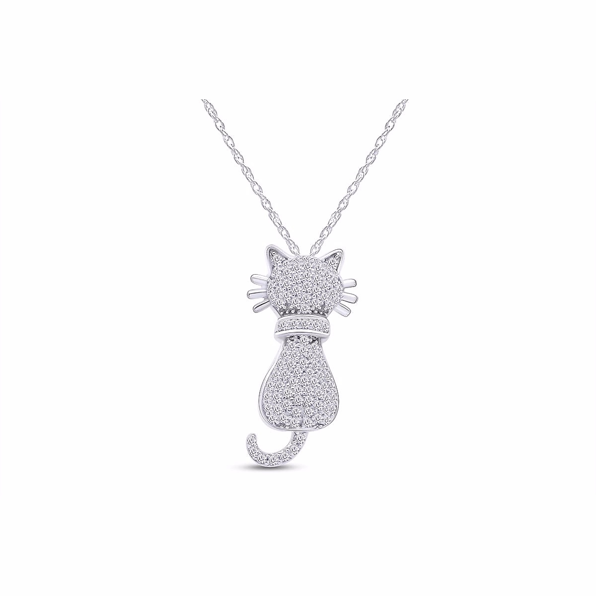 THE JEWEL ZONE White Natural Diamond Fashion Cat Pendant Necklace in 14k White Gold Over Sterling Silver (0.33 Ct)