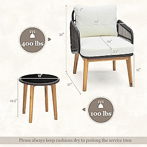 HAPPYGRILL 3 Pieces Acacia Wood Patio Bistro Set, Wicker Outdoor Furniture Set with Cushioned Chairs and Tempered Glass Side Table, PE Rattan Wicker Chair with Table for Porch, Balcony, Deck