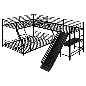 ATY L Shaped Full Bunk Bed with Twin Size Loftbed, Metal Bedframe w/Built-in Desk and Slide, for 3 People, Save Space Design, No Box Spring Required & Easy Assembly, Black