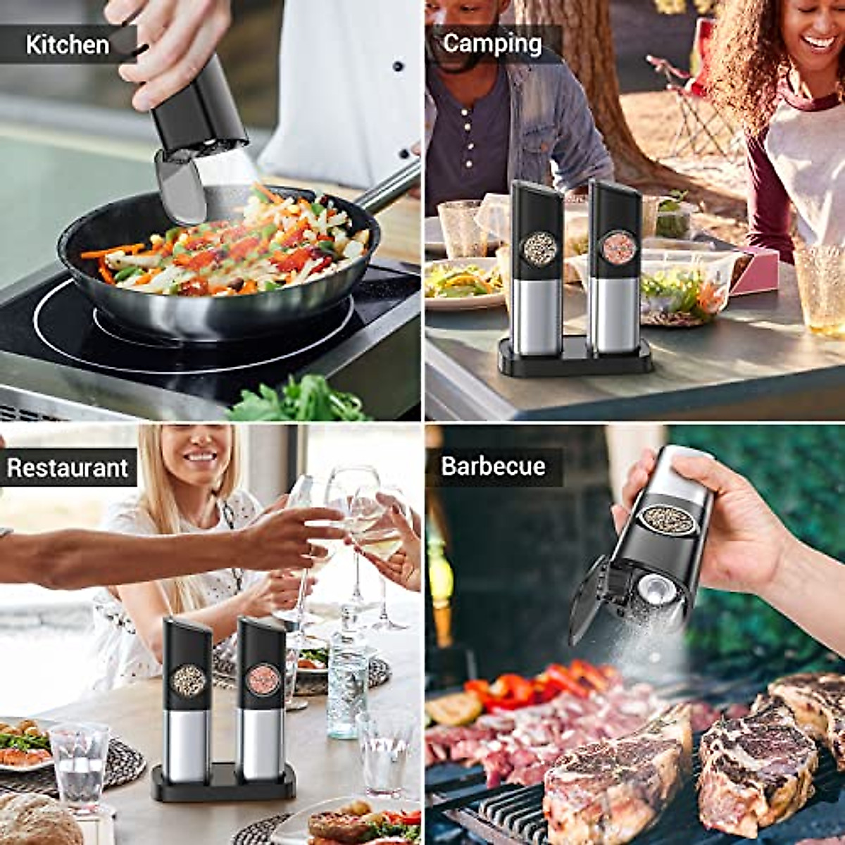 Gravity Electric Salt and Pepper Grinder Set, Rechargeable Salt and Pepper Grinder Set with Charging Base, Safe Switch, Automatic Pepper Grinder with Dustproof Cover, LED Light, Adjustable Coarseness