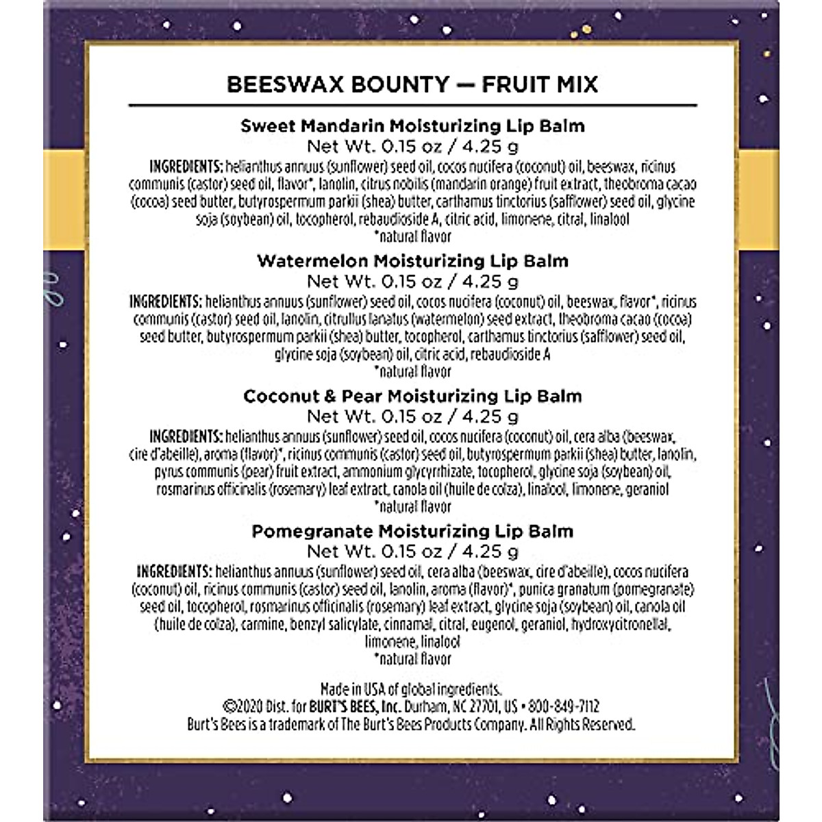 Burt’s Bees Holiday Gift, 4 Lip Balm Stocking Stuffer Products, Beeswax Fruit Set - Pomegranate, Sweet Mandarin, Coconut and Pear & Watermelon (Old Version)