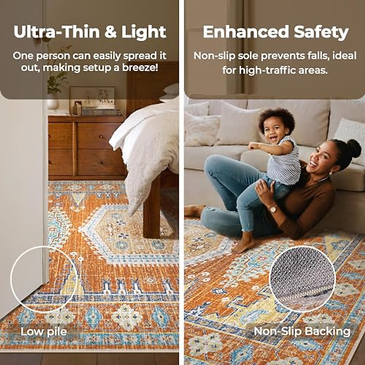 Kokia Area Rugs Living Room 9x12 Ultra-Thin Washable Orange Large Area Rug Dining Room Geometric Tribal Distressed Lightweight Foldable Carpet for Dining Room Home Office, Solani Orange-1