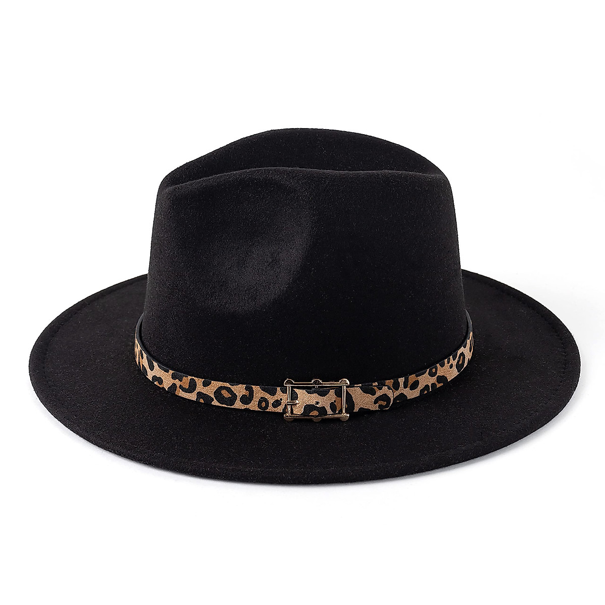 HUDANHUWEI Women's Wide Brim Felt Fedora Panama Hat with Leopard Belt Buckle Black