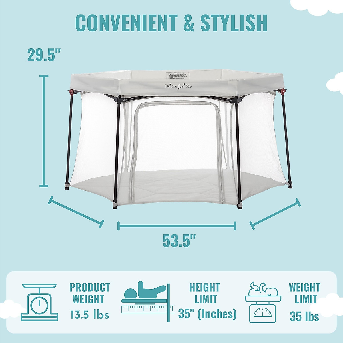 Dream On Me Onyx Playpen in Grey, Baby Playpen, Portable and Lightweight, Playpen for Babies and Toddler - Comes with a Comfortable Padded Floor