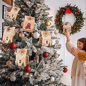 SERENEDWELLING 24 Sets Mini Christmas Party Gift Bags, Christmas Small Gift Boxes with 24 pieces Greeting Card and 24 Ropes Small Candy Containers for Party