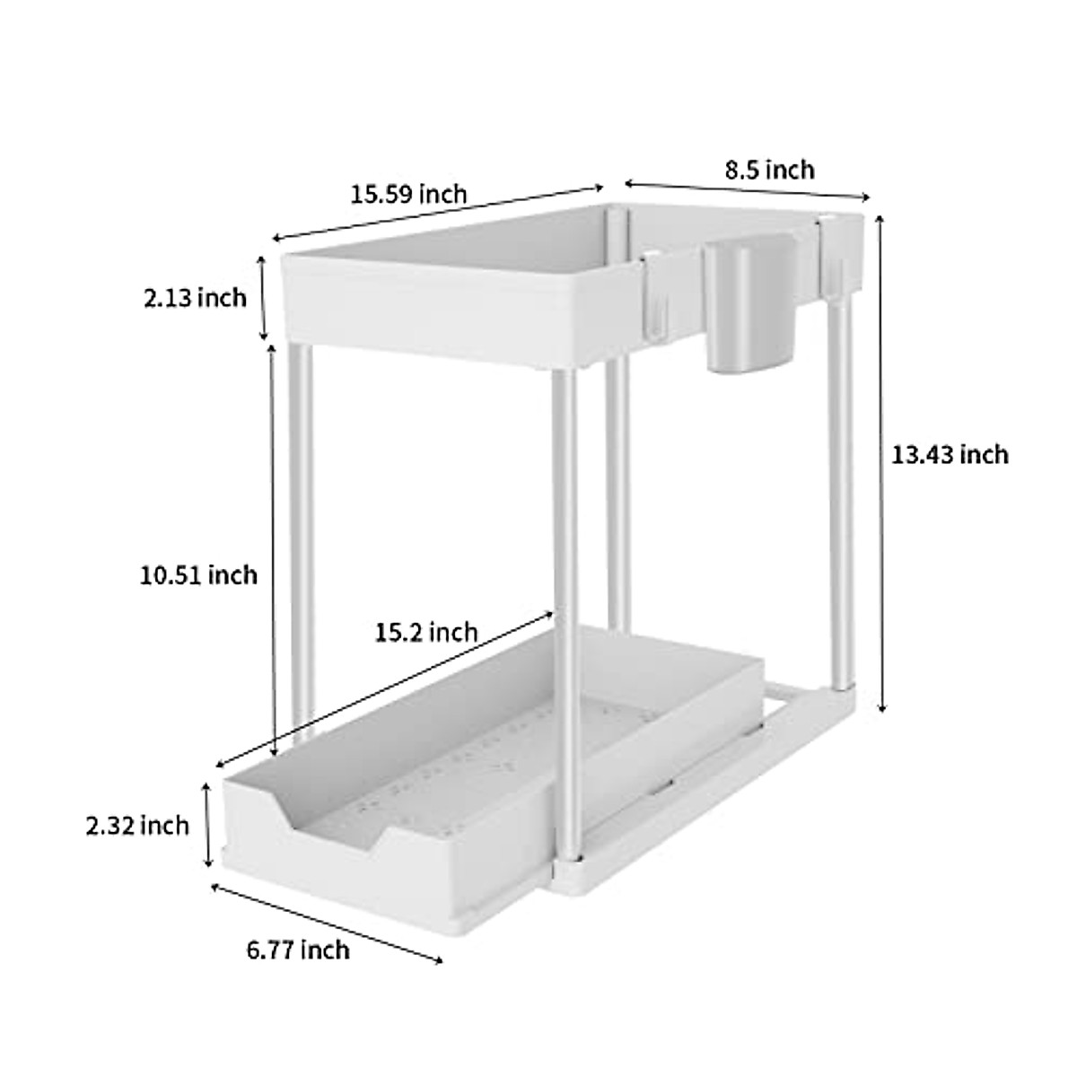Royacon Under Sink Organizer, Sliding Under Bathroom Cabinet Storage Drawer Organizer with Hooks, Hanging Cup 1PACK