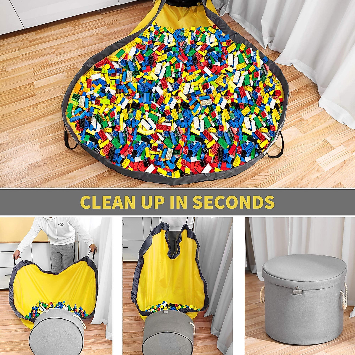 FOUR UNCLES 2-in-1 Toy Storage Basket and Play Mat - Collapsible Durable Floor Toy Activity Chest Organizer with lids -12'' Tall by 15'' Diameter with 52'' Play mat (large)