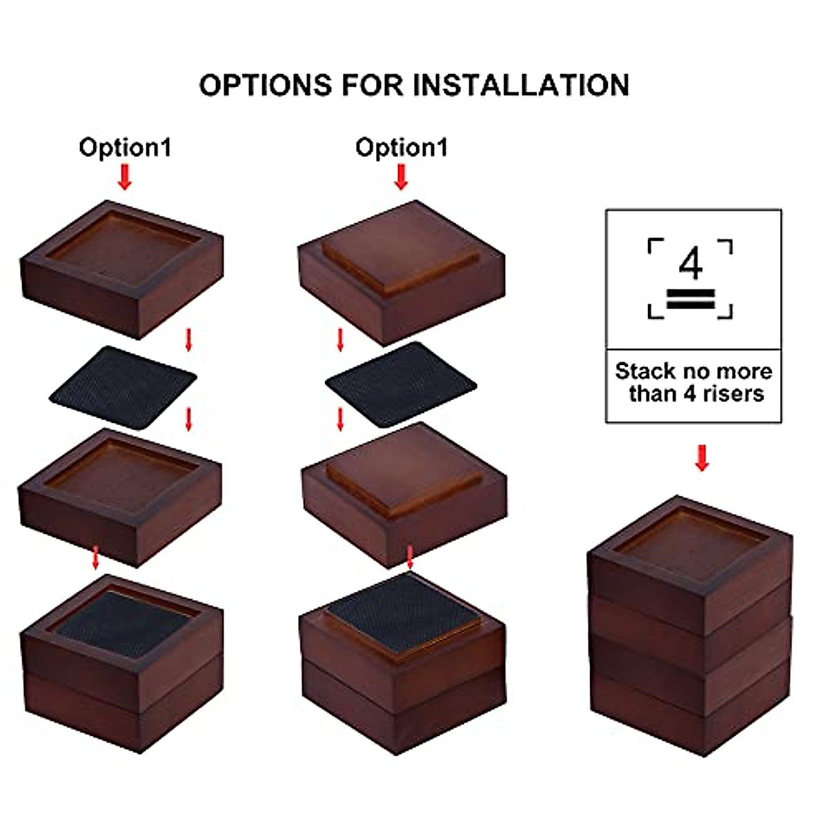 Stahala Bed Risers (Set of 8) Lifts Height 1",2",3" or 4",Solid Natural Wood Furniture Heavy Duty Leg Risers Lifts for Sofas Table Desk Chair Couches with Non-Slip Rubber Pad & Non-Slip Recessed Hole