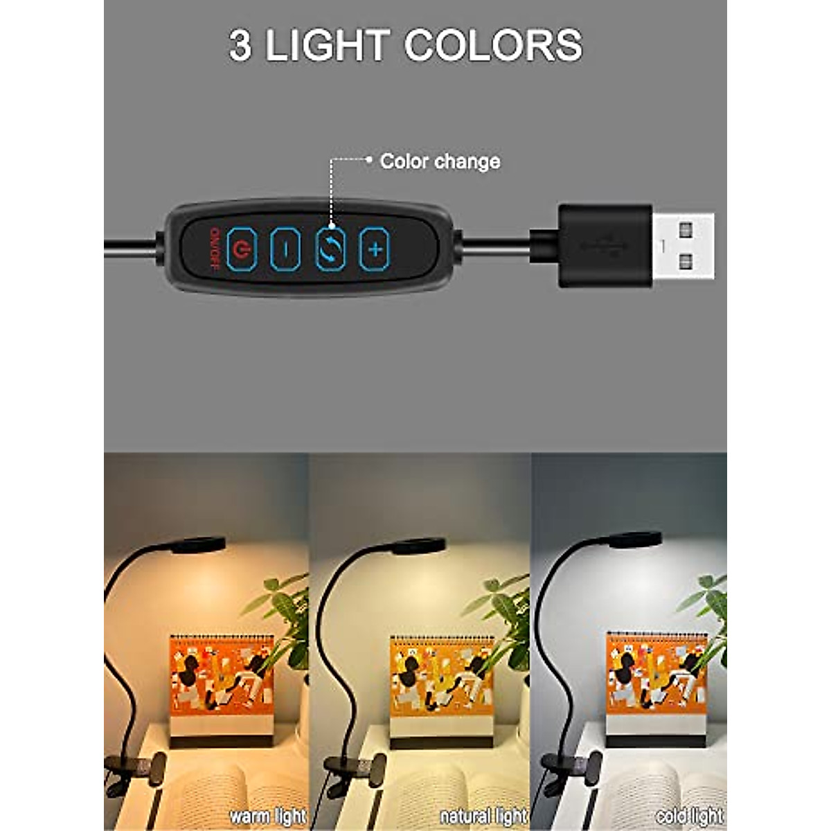 Clip on Light Reading Lamp, 48 LED Clamp Lamp with 3 Color Modes, 10 Dimmable Brightness, 360° Flexible Gooseneck Desk Lamp, Eye Protection Book Clamp Light for Video Conferencing Desk Bed Headboard