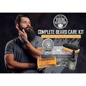 Viking Revolution Beard Care Kit for Men - Ultimate Beard Grooming Kit includes 100% Boar Men’s Beard Brush, Wooden Beard Comb, Beard Balm, Beard Oil, Beard & Mustache Scissors in a Metal Box