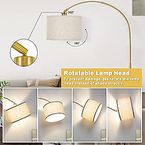 Gold Arc Floor Lamp, Dimmable Floor Lamp for Living Room, Mordern Standing Lamp with Adjustable Lamp Head, Tall Pole Lamp Over Couch Arched Light for Reading, Bedroom, Office, 9W LED Bulb Included