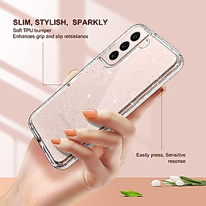 KIOMY Clear Shockproof Case for Samsung Galaxy S22 with 2 Packs Tempered Glass Screen Protectors, 3 Layers in 1 Full Body Protection Hard PC Back and Front Cover + TPU Bumper Glitter Sparkle Sparkly