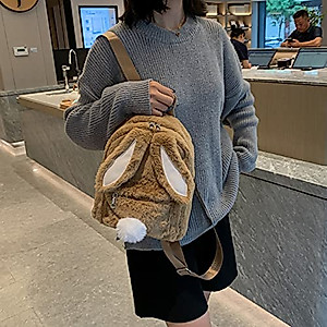 3D Plush Bunny Ear Girls Backpack Winter Kawaii Mini Schoolbag Teen Fluffy Aesthetic Small Students Bookbag Women Daypack (Coffee)