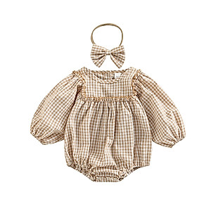 Douhoow Infant Baby Girl Plaid Romper Baby Sweatshirt Romper Ruffle Festival Clothes Fall Winter Outfits with Headband (Khaki plaid, 0-3 Months)