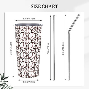 Yaxongx 20oz Tumbler Sport Ball Baseballs Double Wall Vacuum Insulated Coffee Mug with Lid and Metal Straw Brush Reusable Stainless Steel Water Bottle Travel Cup Gifts for Car Ice Drinks Hot Beverage